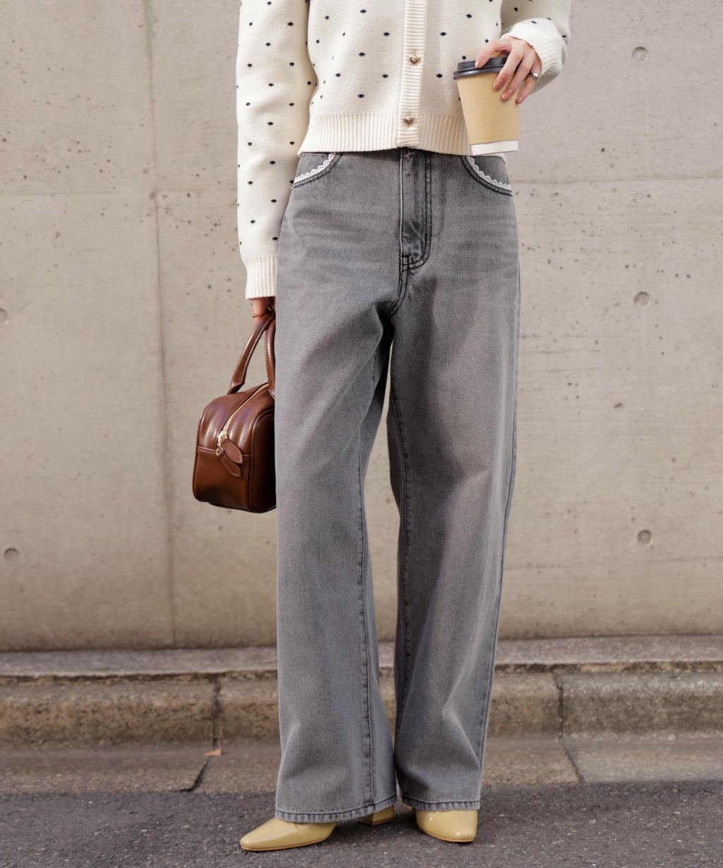 [Low Height Size/S Series] Lace Trimming Wide Straight Denim Pants