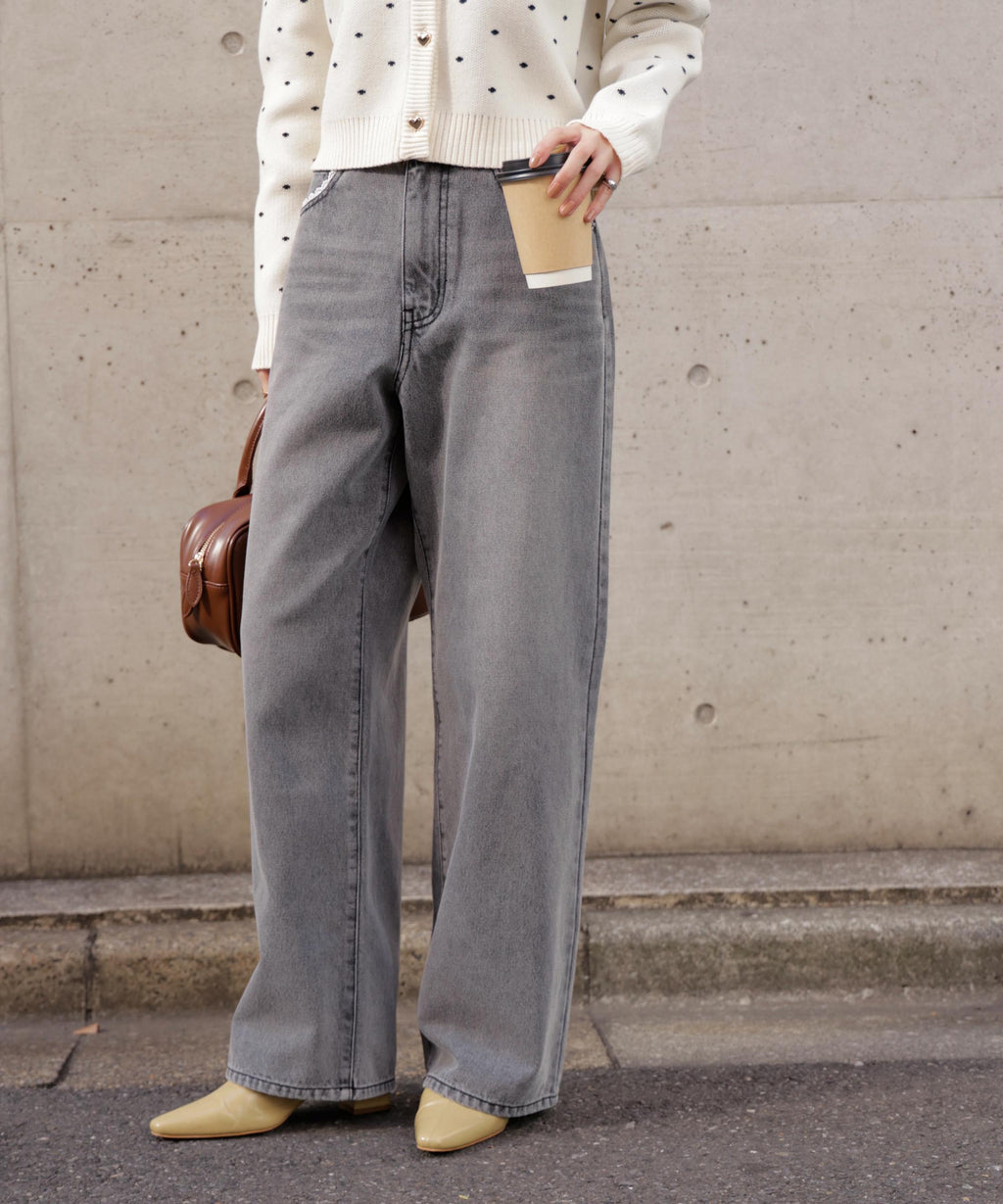 [Low Height Size/S Series] Lace Trimming Wide Straight Denim Pants