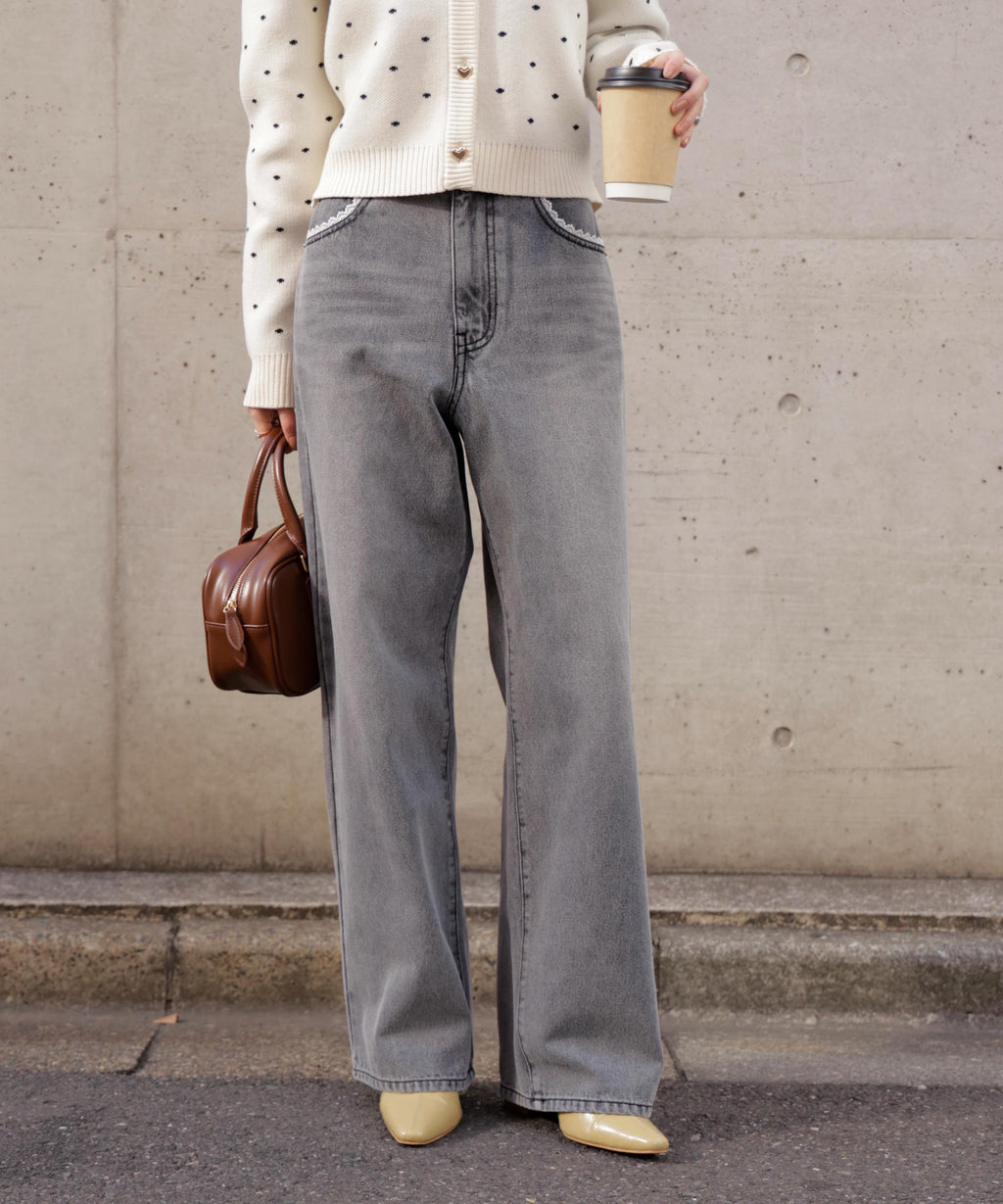 [Low Height Size/S Series] Lace Trimming Wide Straight Denim Pants