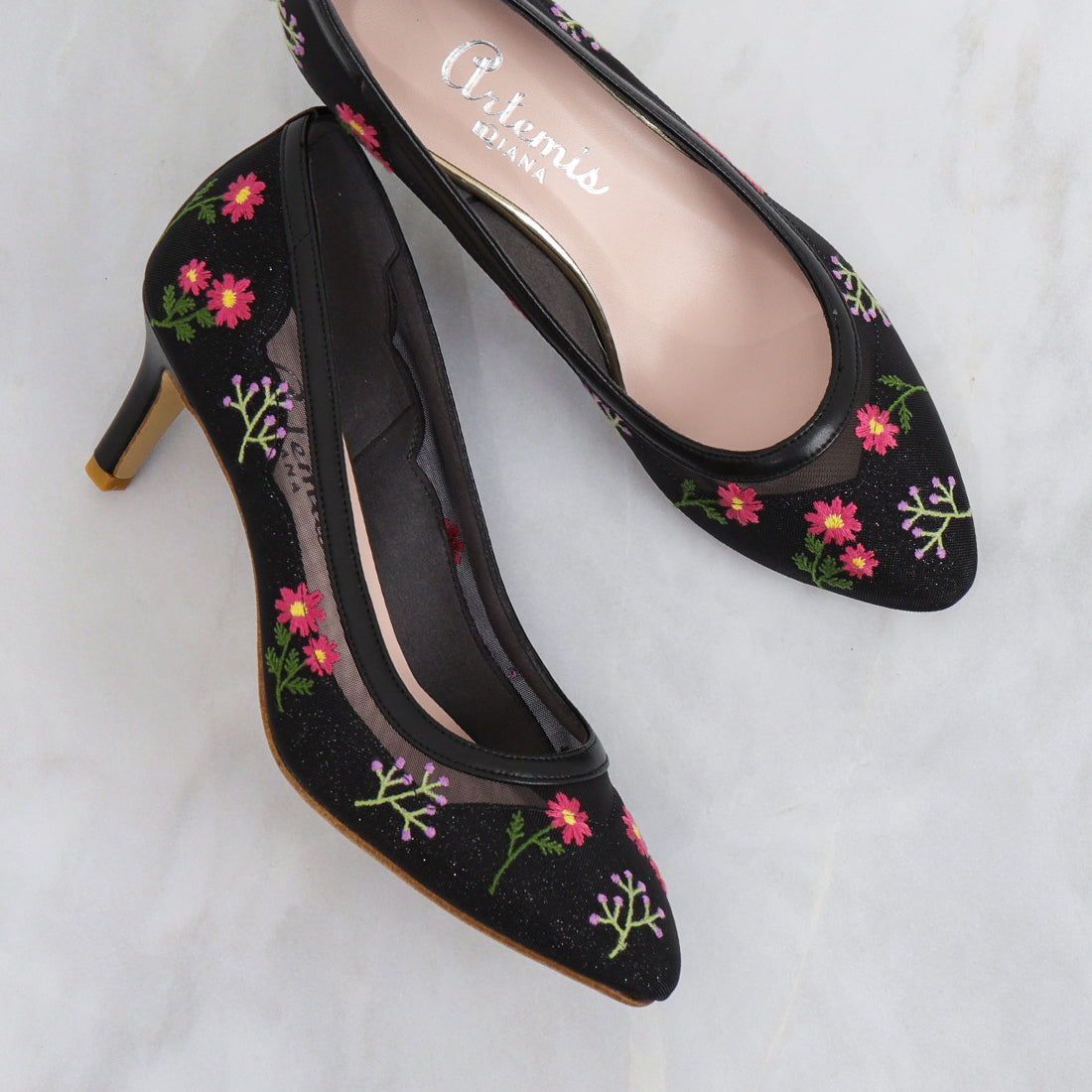 Artemis by Diana Flower Collection: Cosmos embroidered round toe pumps