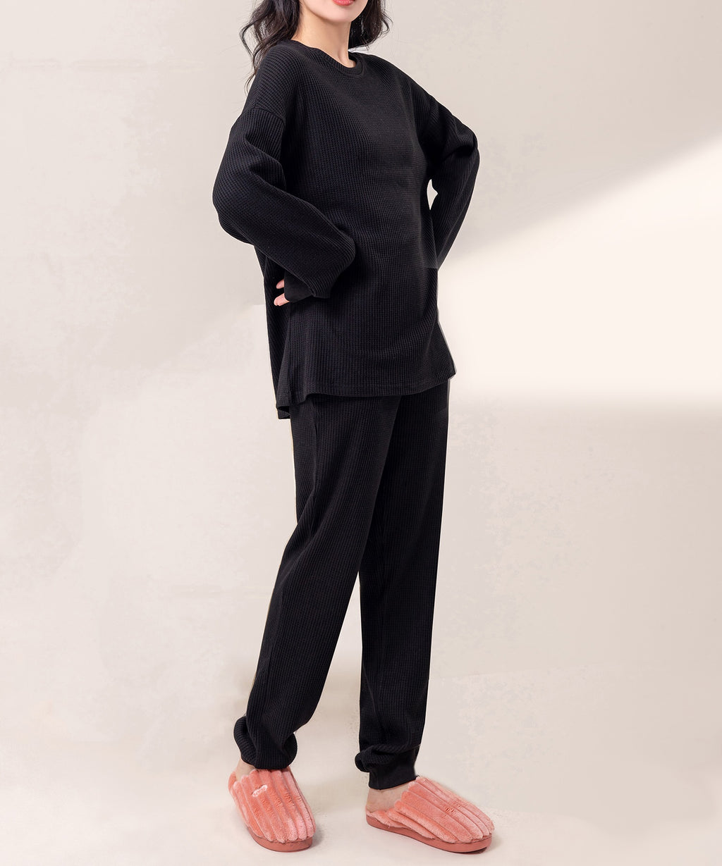 テディショップ Teddyshop レディース 長袖デザインワッフルセットアップルームウェア 上下2点セット