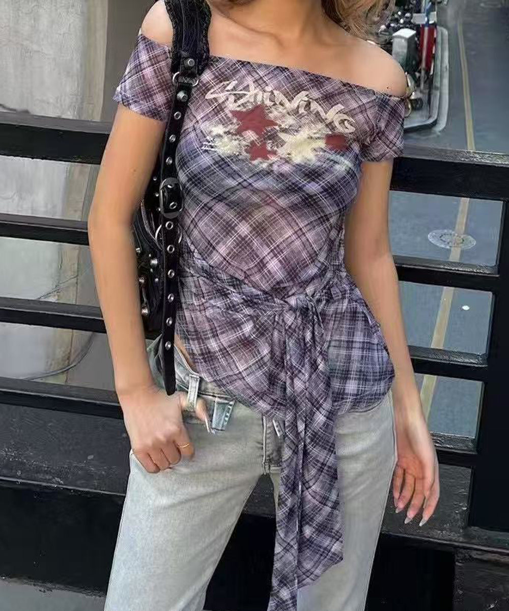 VIVIDLADY sheer check pattern off-shoulder top