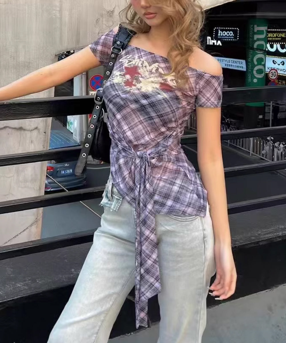 VIVIDLADY sheer check pattern off-shoulder top